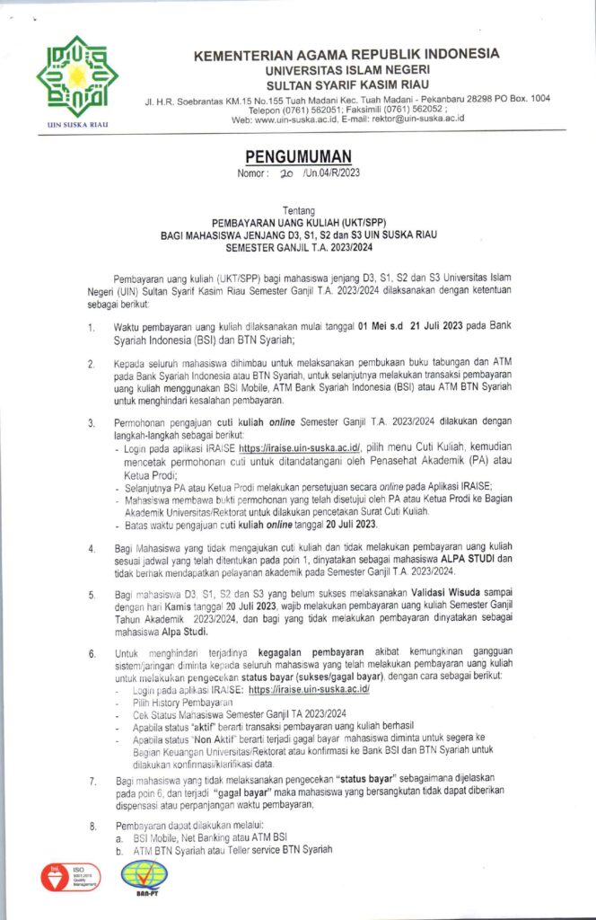 Pembayaran Uang Kuliah Tunggal (UKT/SPP) Bagi Mahasiswa Jenjang D3, S1 ...